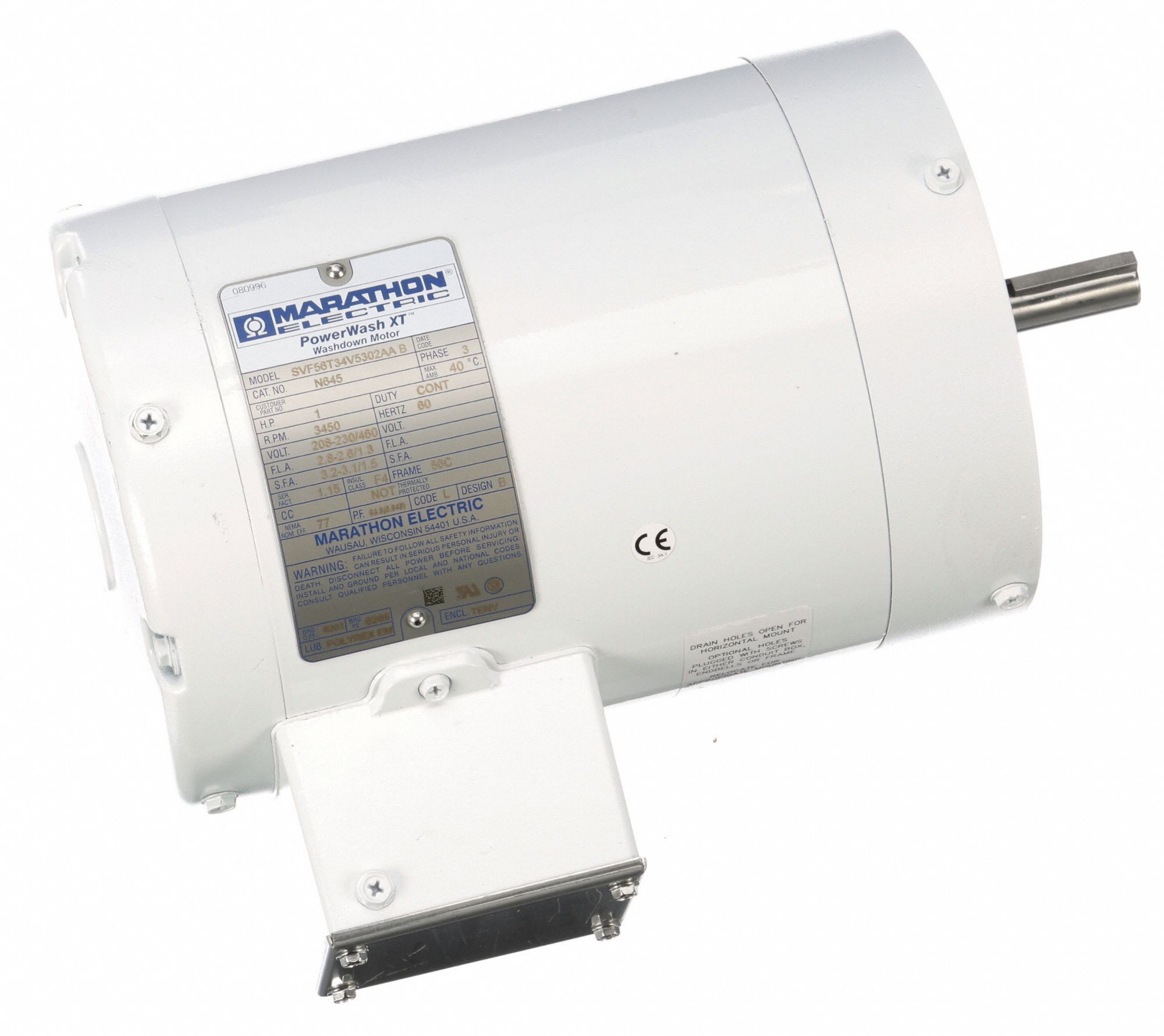 MARATHON MOTORS Washdown Motor, 1 HP, 3-Phase, Nameplate RPM 3450 ...