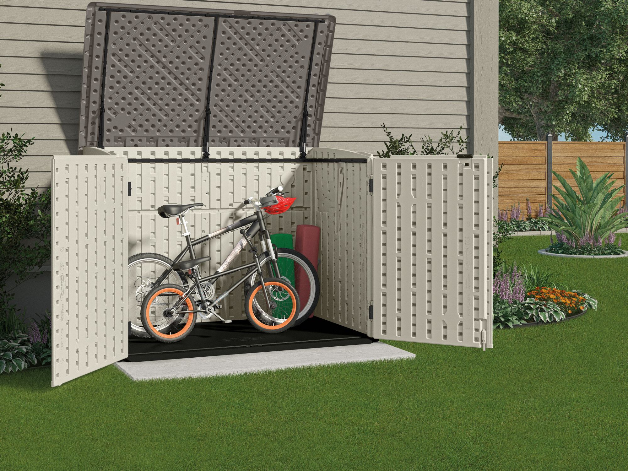 SUNCAST Outdoor Storage Shed: 70 cu ft Capacity, Beige/Gray, 65 1/2 in ...