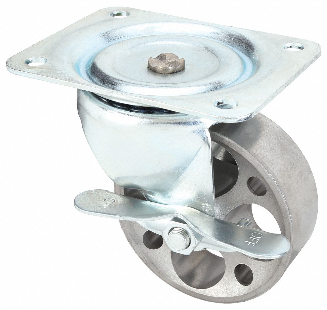 Plate Caster, Swivel, Cast Iron, 450 lb, 4 in Wheel Dia. - Grainger