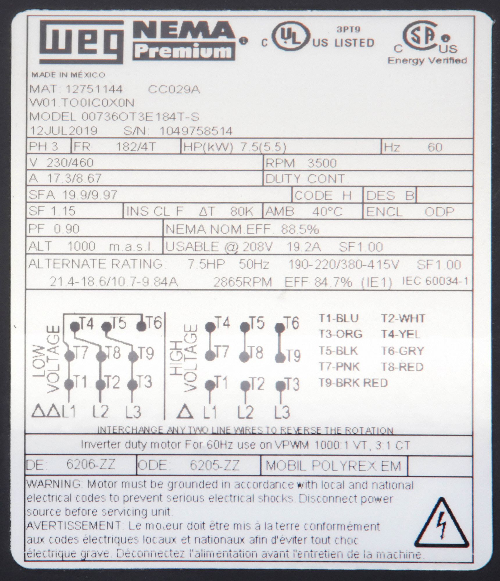 WEG General Purpose Motor: Open Dripproof, Rigid Base Mount, 7 1/2 HP ...