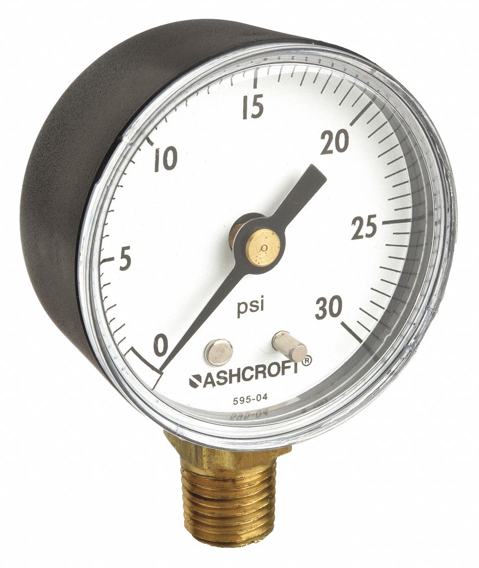 ASHCROFT, 0 psi / Hg to 30 psi, 2 in Dial, Industrial Pressure Gauge - 33HP87|20W1005PH02L30 ...