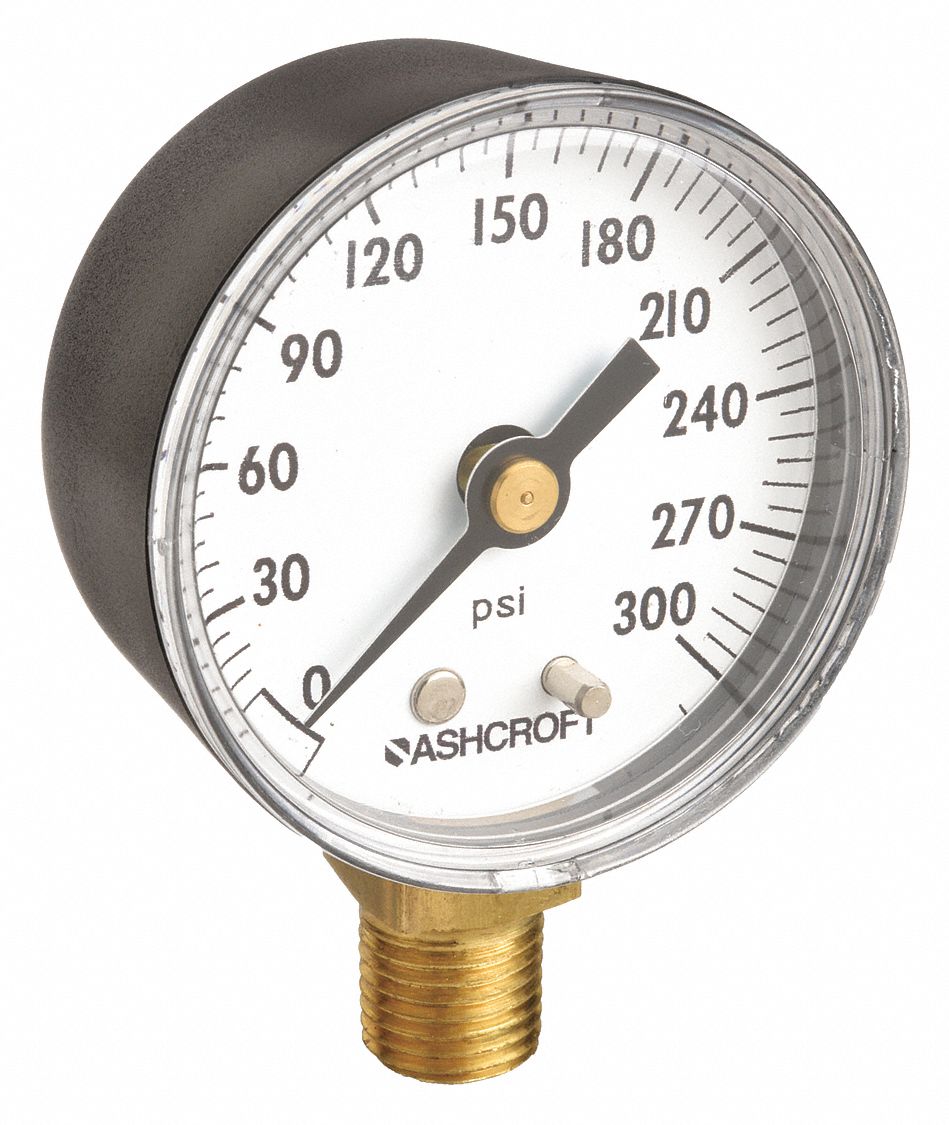 ASHCROFT, 0 psi / Hg to 300 psi, 2 in Dial, Industrial Pressure Gauge - 33HP91|20W1005PH02L300 ...