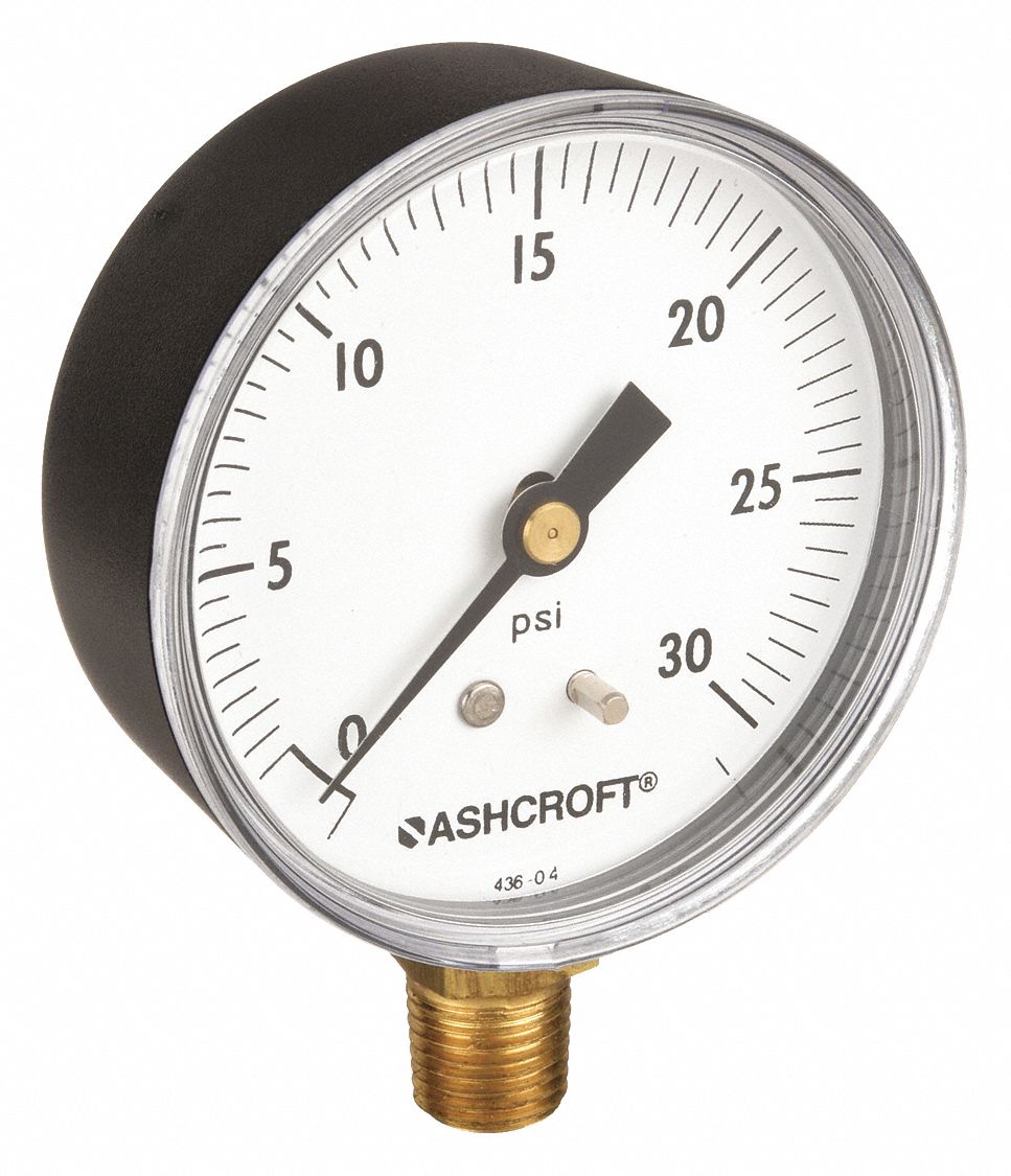 ASHCROFT, 0 psi / Hg to 30 psi, 2 1/2 in Dial, Industrial Pressure Gauge - 33HR10|25W1005PH02L30 ...