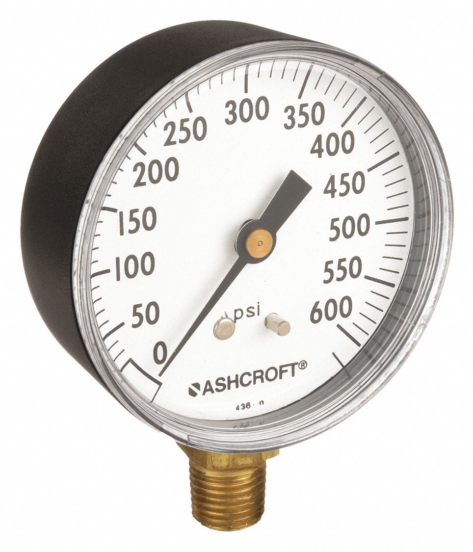 ASHCROFT, 0 psi / Hg to 600 psi, 2 1/2 in Dial, Industrial Pressure Gauge - 33HR16 ...
