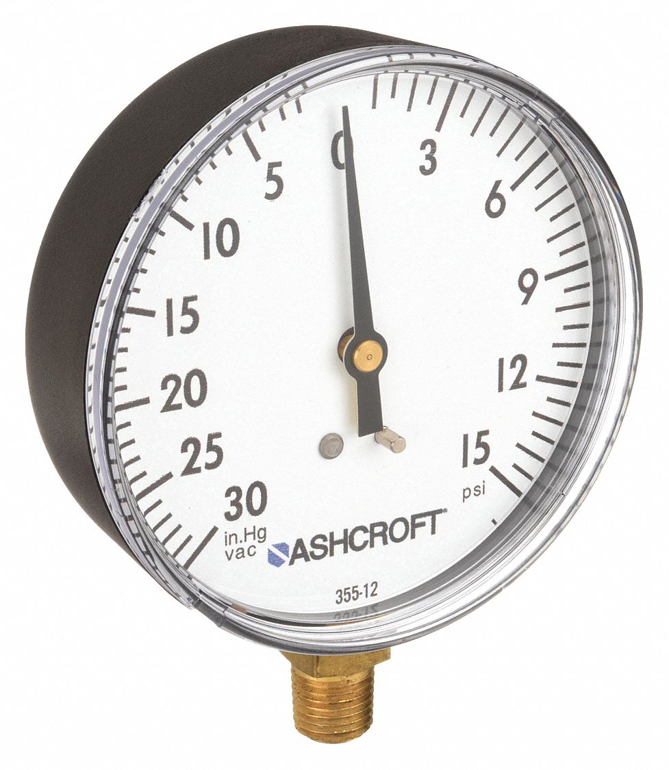 ASHCROFT, 30 in Hg to 0 psi / Hg to 15 psi, 3 1/2 in Dial, Industrial Compound Gauge - 33HR31 ...