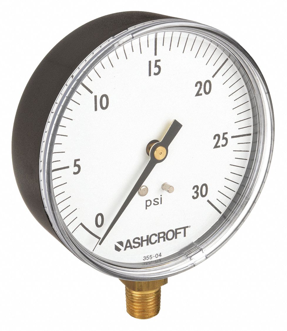 ASHCROFT, 0 psi / Hg to 30 psi, 3 1/2 in Dial, Industrial Pressure Gauge - 33HR34|35W1005PH02L30 ...