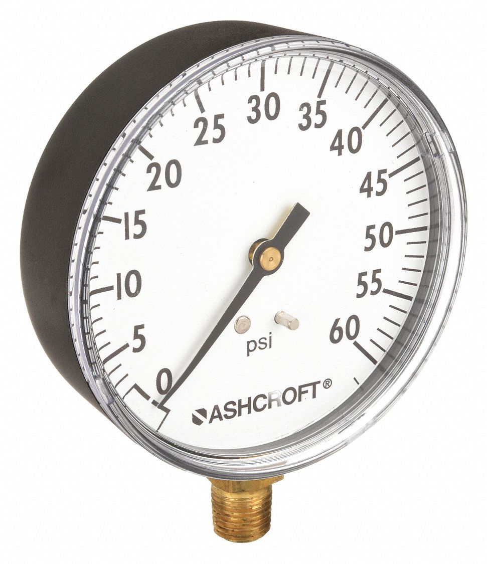 ASHCROFT, 0 psi / Hg to 60 psi, 3 1/2 in Dial, Industrial Pressure Gauge - 33HR35|35W1005PH02L60 ...