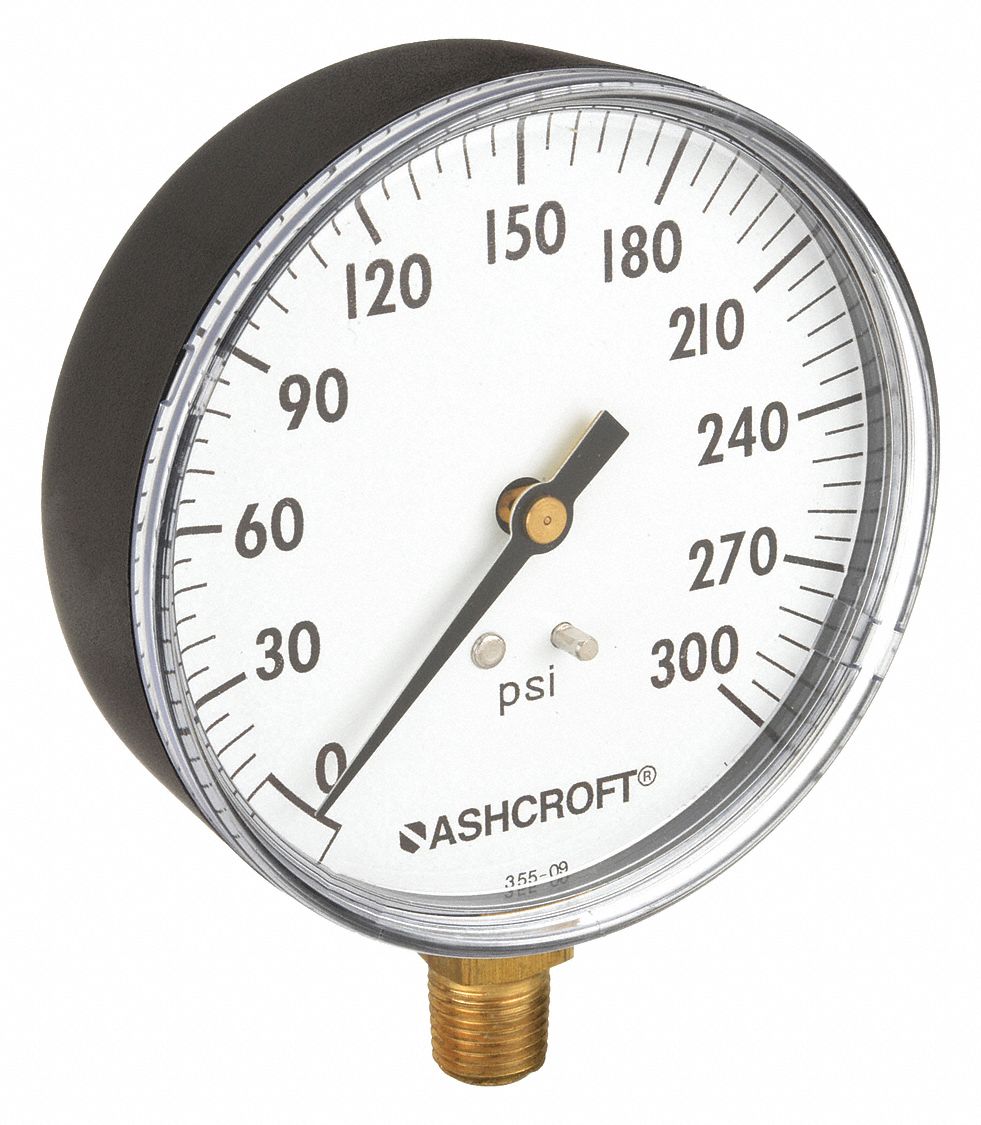 ASHCROFT, 0 psi / Hg to 300 psi, 3 1/2 in Dial, Industrial Pressure Gauge - 33HR38 ...