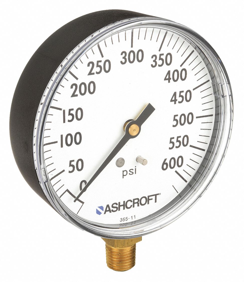 ASHCROFT, 0 psi / Hg to 600 psi, 3 1/2 in Dial, Industrial Pressure Gauge - 33HR40 ...