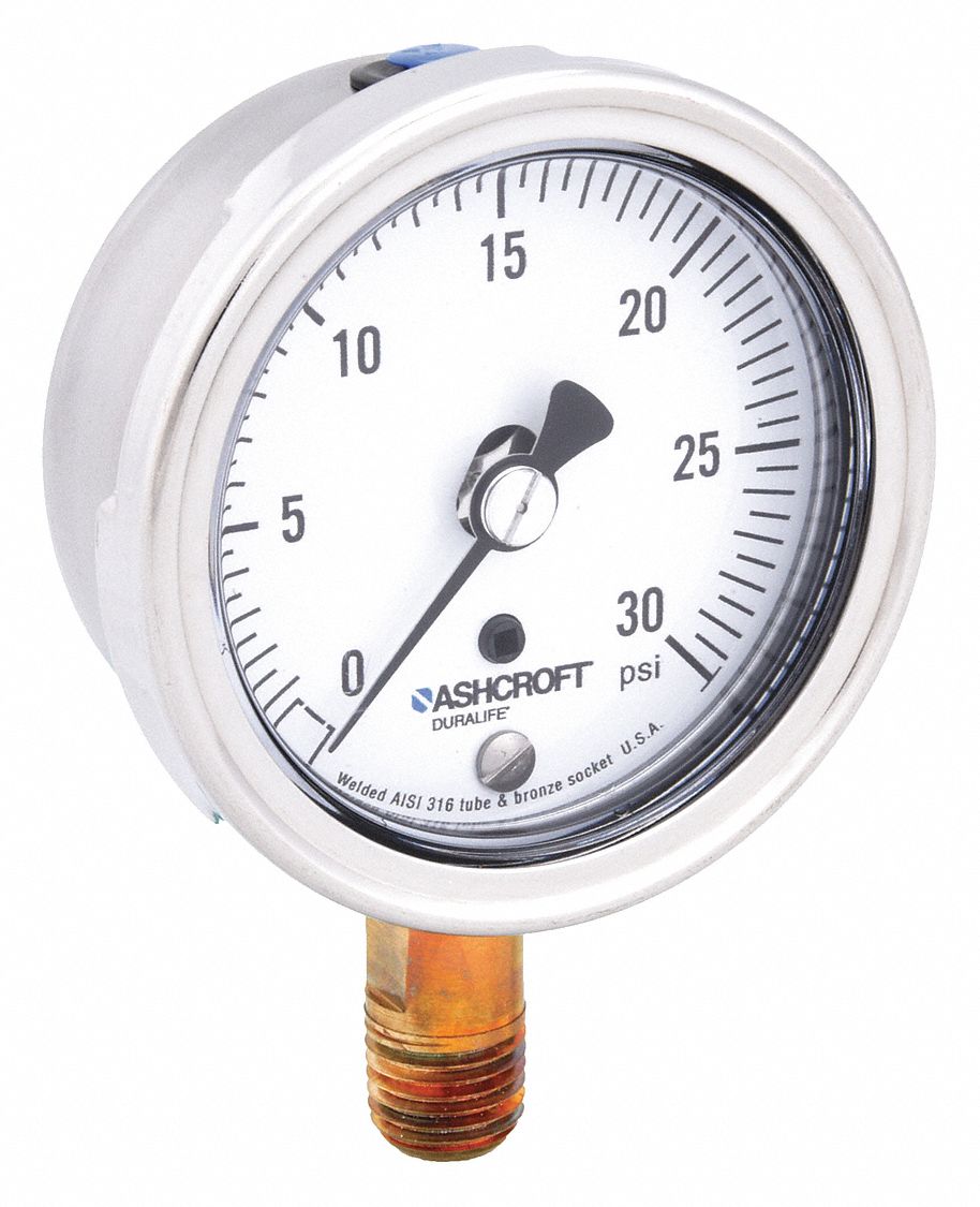 ASHCROFT, 0 psi / Hg to 30 psi, 2 1/2 in Dial, Industrial Pressure Gauge - 33HR45|251009AW02L30 ...