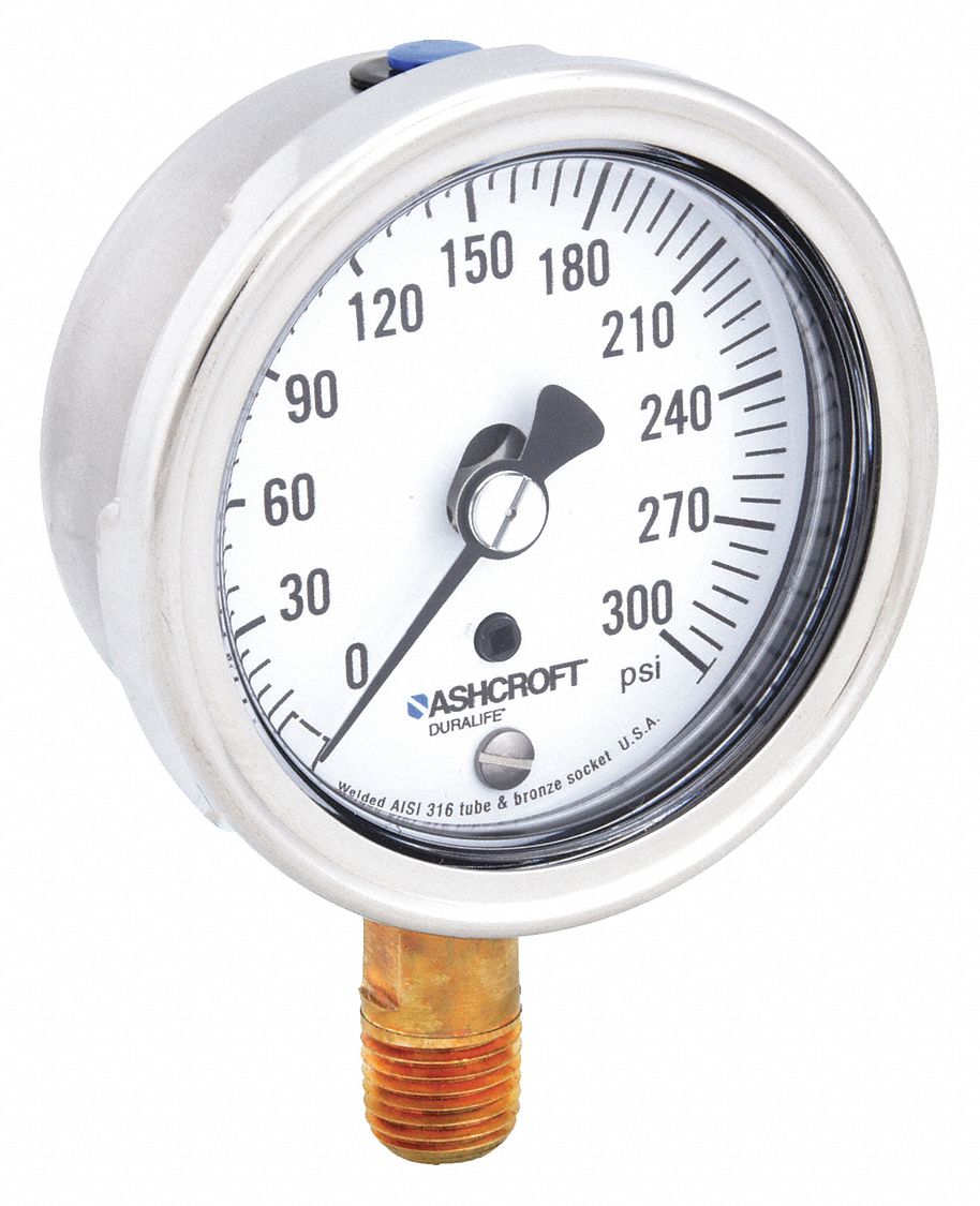 ASHCROFT, 0 psi / Hg to 300 psi, 2 1/2 in Dial, Industrial Pressure Gauge - 33HR49 ...