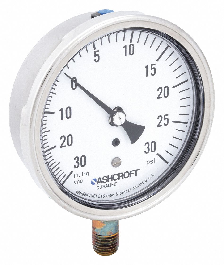 ASHCROFT, 30 in Hg to 0 psi / Hg to 30 psi, 3 1/2 in Dial, Industrial Compound Gauge - 33HR55 ...