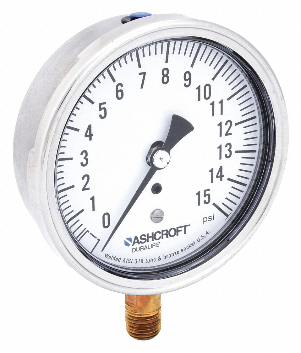 ASHCROFT, 0 psi / Hg to 15 psi, 3 1/2 in Dial, Industrial Pressure Gauge - 33HR56|351009AW02L15 ...