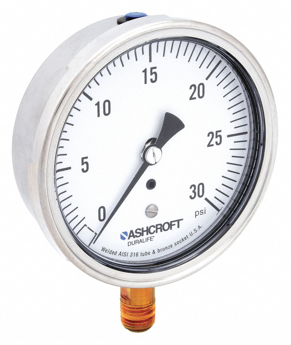 ASHCROFT, 0 psi / Hg to 30 psi, 3 1/2 in Dial, Industrial Pressure Gauge - 33HR57|351009AW02L30 ...