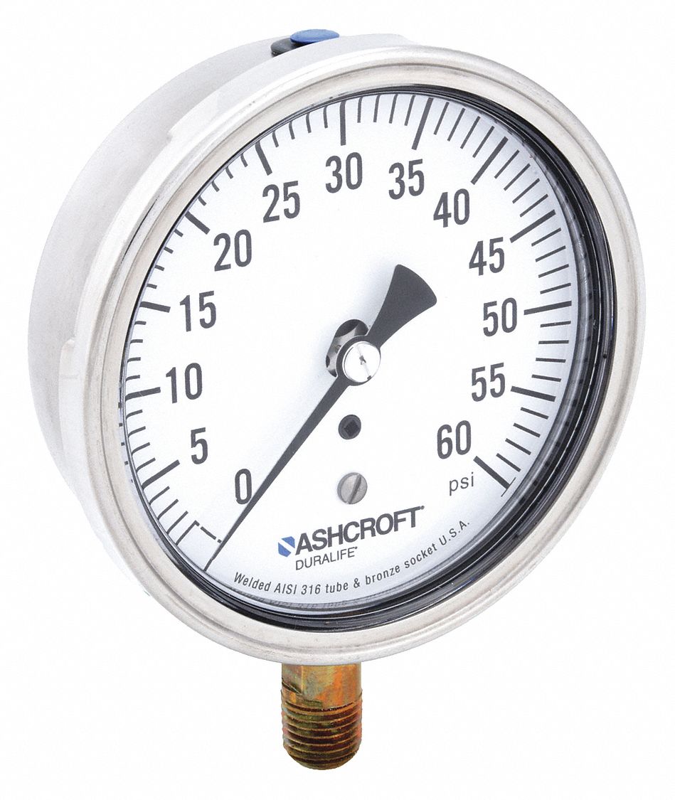 ASHCROFT, 0 psi / Hg to 60 psi, 3 1/2 in Dial, Industrial Pressure Gauge - 33HR58|351009AW02L60 ...