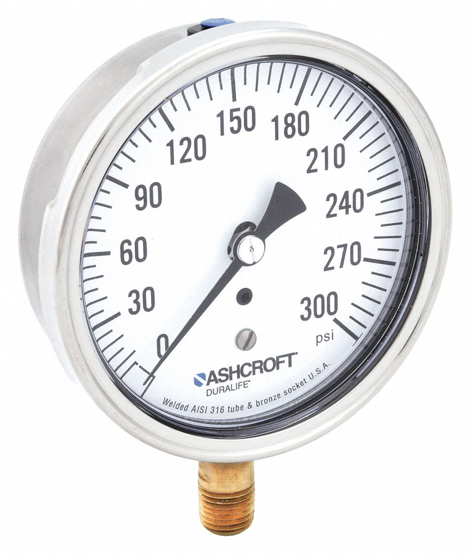 ASHCROFT, 0 psi / Hg to 300 psi, 3 1/2 in Dial, Industrial Pressure Gauge - 33HR61 ...