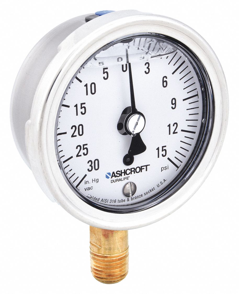 ASHCROFT, 30 in Hg to 0 psi / Hg to 15 psi, 2 1/2 in Dial, Industrial Compound Gauge - 33HR66 ...