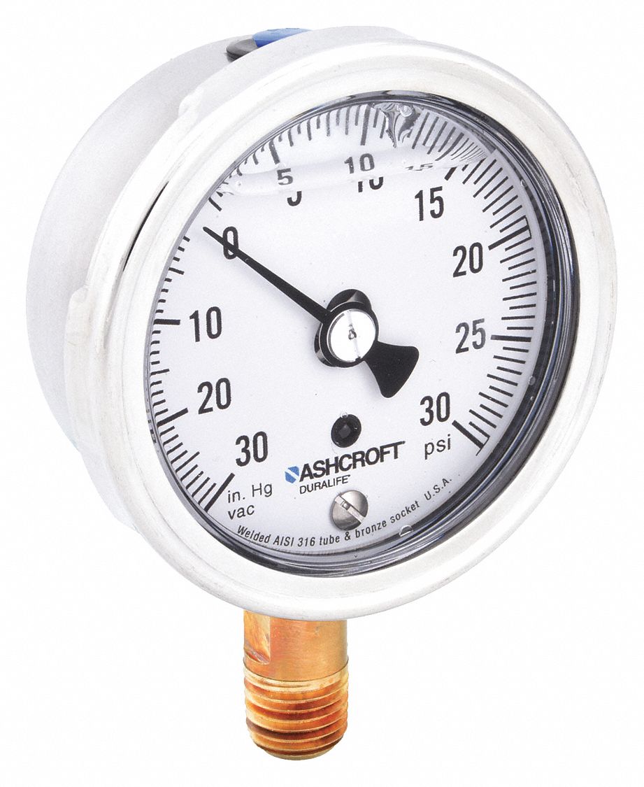 ASHCROFT, 30 in Hg to 0 psi / Hg to 30 psi, 2 1/2 in Dial, Industrial Compound Gauge - 33HR67 ...