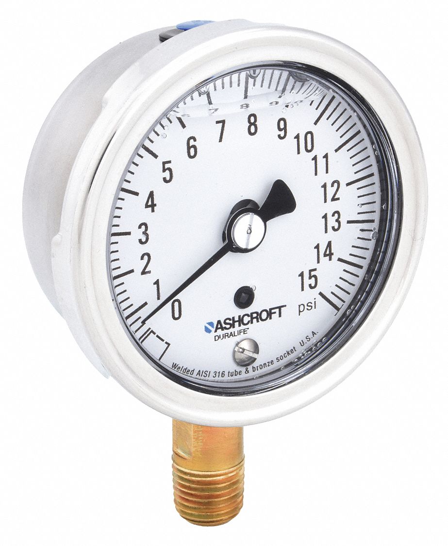 ASHCROFT, 0 psi / Hg to 15 psi, 2 1/2 in Dial, Industrial Pressure Gauge - 33HR68|251009AWL02L15 ...