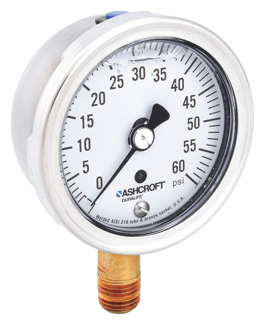 ASHCROFT, 0 psi / Hg to 60 psi, 2 1/2 in Dial, Industrial Pressure Gauge - 33HR70|251009AWL02L60 ...