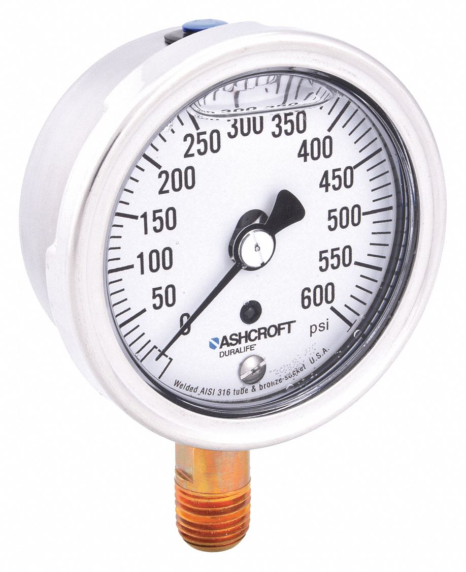 ASHCROFT, 0 psi / Hg to 600 psi, 2 1/2 in Dial, Industrial Pressure Gauge - 33HR75 ...