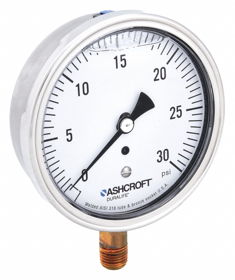 ASHCROFT, 0 psi / Hg to 30 psi, 3 1/2 in Dial, Industrial Pressure Gauge - 33HR81|351009AWL02L30 ...