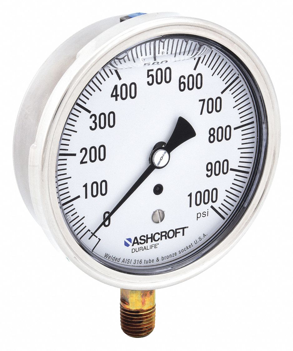 ASHCROFT, 0 psi / Hg to 1,000 psi, 3 1/2 in Dial, Industrial Pressure ...