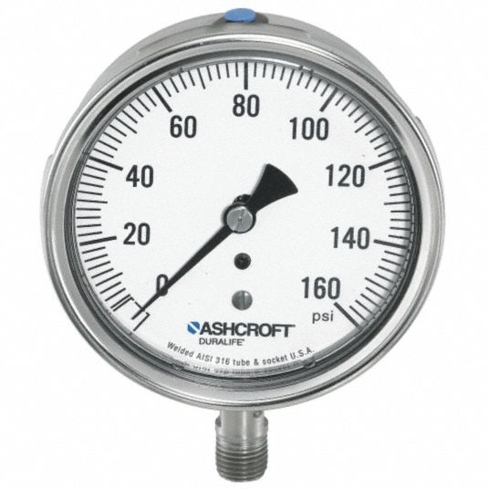 ASHCROFT Industrial Pressure Gauge: 0 to 300 psi, 3 1/2 in Dial, Liquid-Filled, 1/4 in NPT Male ...
