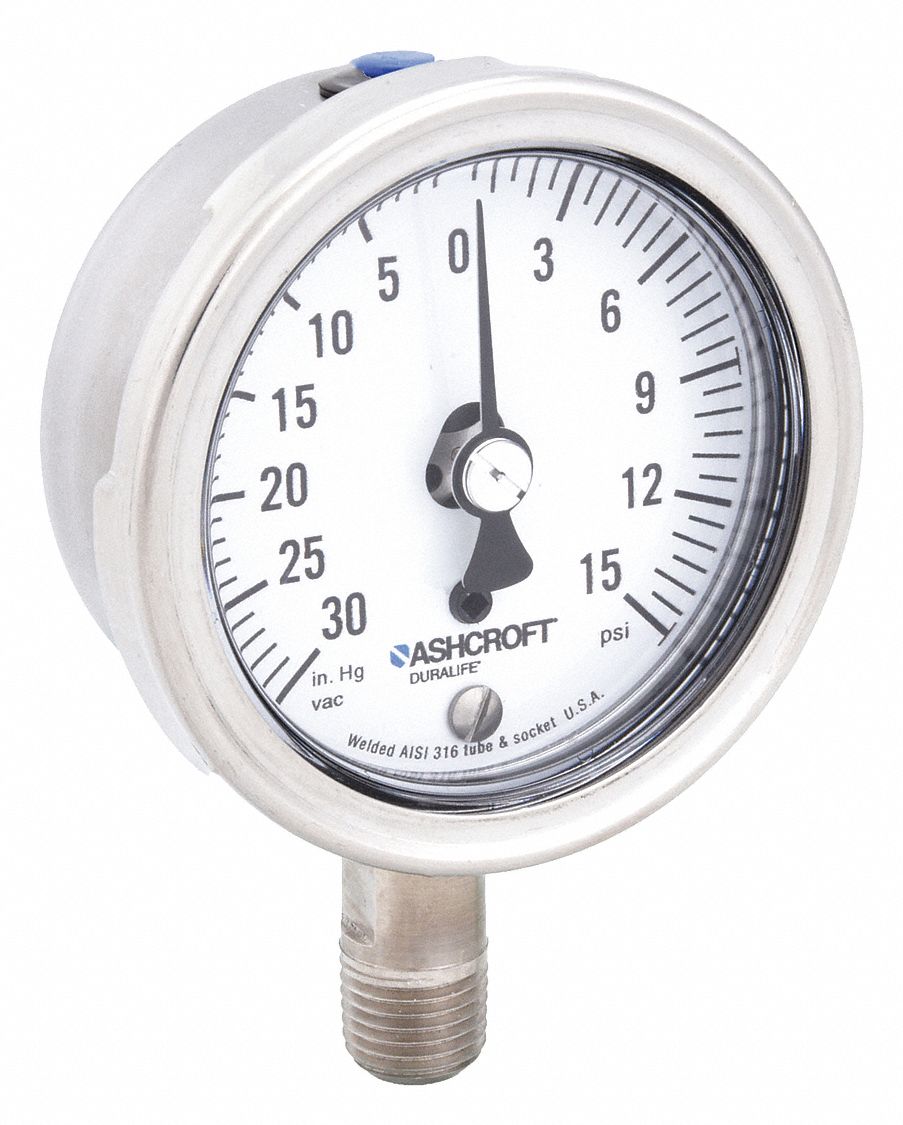 ASHCROFT, 30 in Hg to 0 psi / Hg to 15 psi, 2 1/2 in Dial, Industrial Compound Gauge - 33HR90 ...