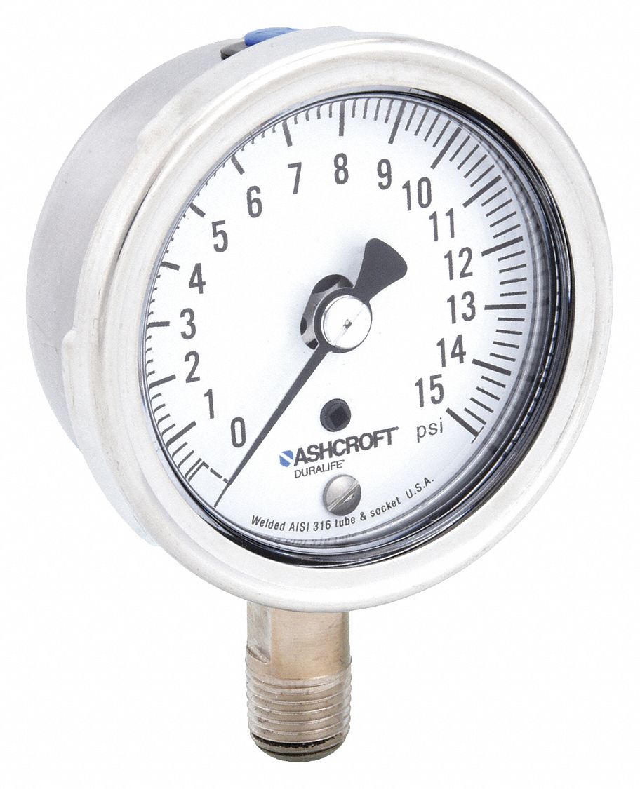 ASHCROFT, 0 psi / Hg to 15 psi, 2 1/2 in Dial, Industrial Pressure Gauge - 33HR92|251009SW02L15 ...