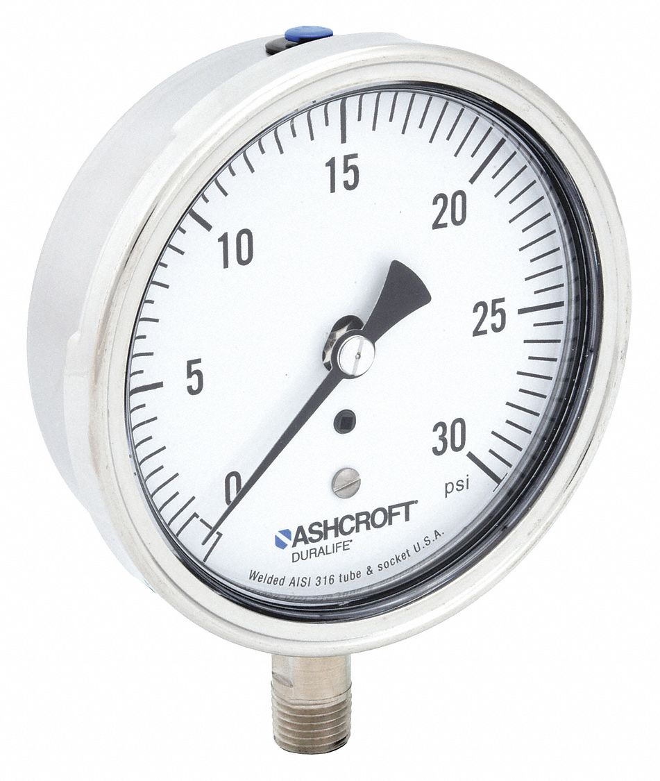 ASHCROFT, 0 psi / Hg to 30 psi, 3 1/2 in Dial, Industrial Pressure Gauge - 33HT10|351009SW02L30 ...