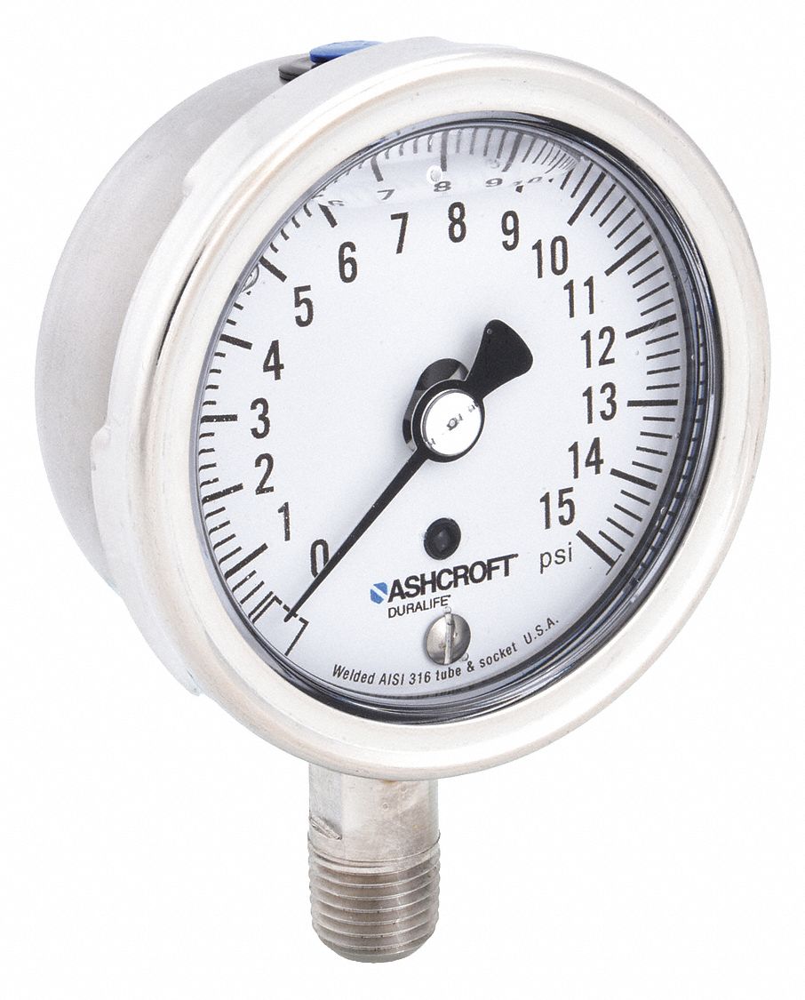 ASHCROFT, 0 psi / Hg to 15 psi, 2 1/2 in Dial, Industrial Pressure Gauge - 33HT25|251009SWL02L15 ...
