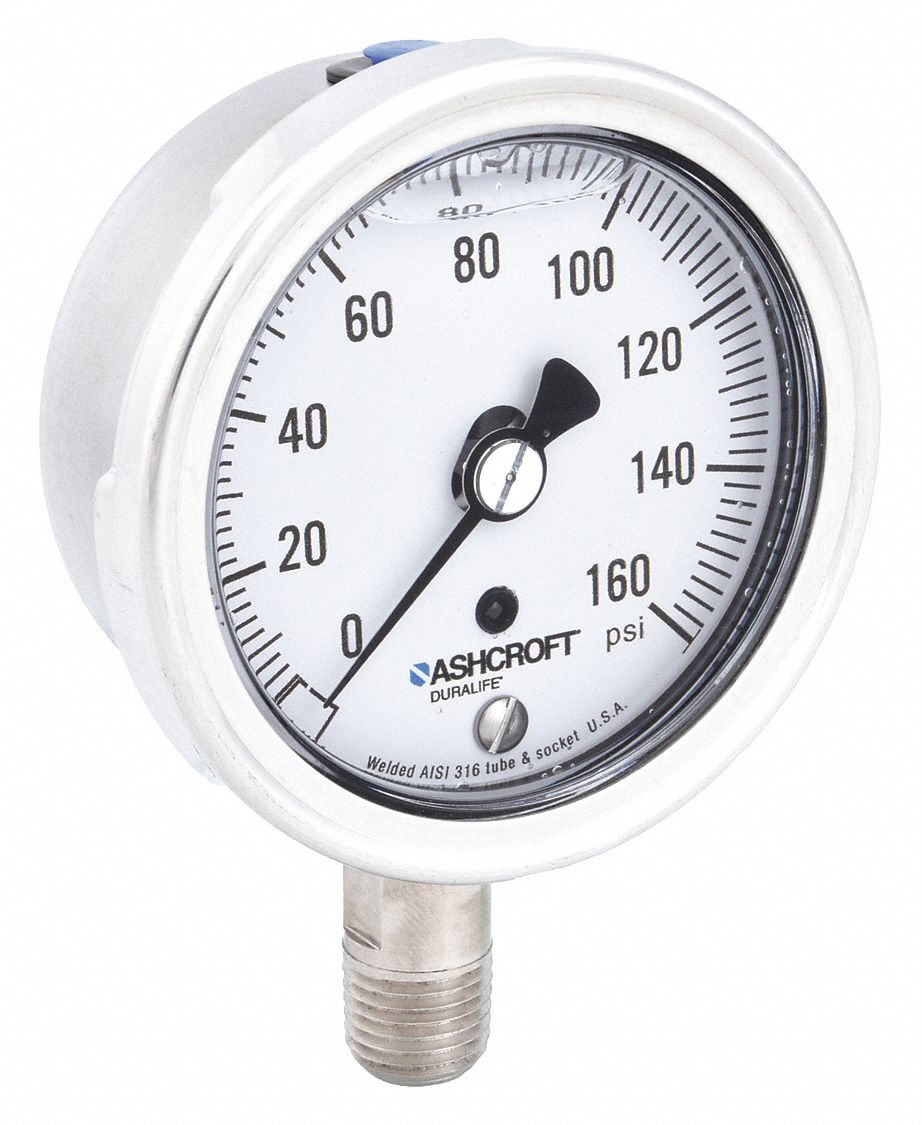 ASHCROFT, 0 psi / Hg to 160 psi, 2 1/2 in Dial, Industrial Pressure Gauge - 33HT29 ...