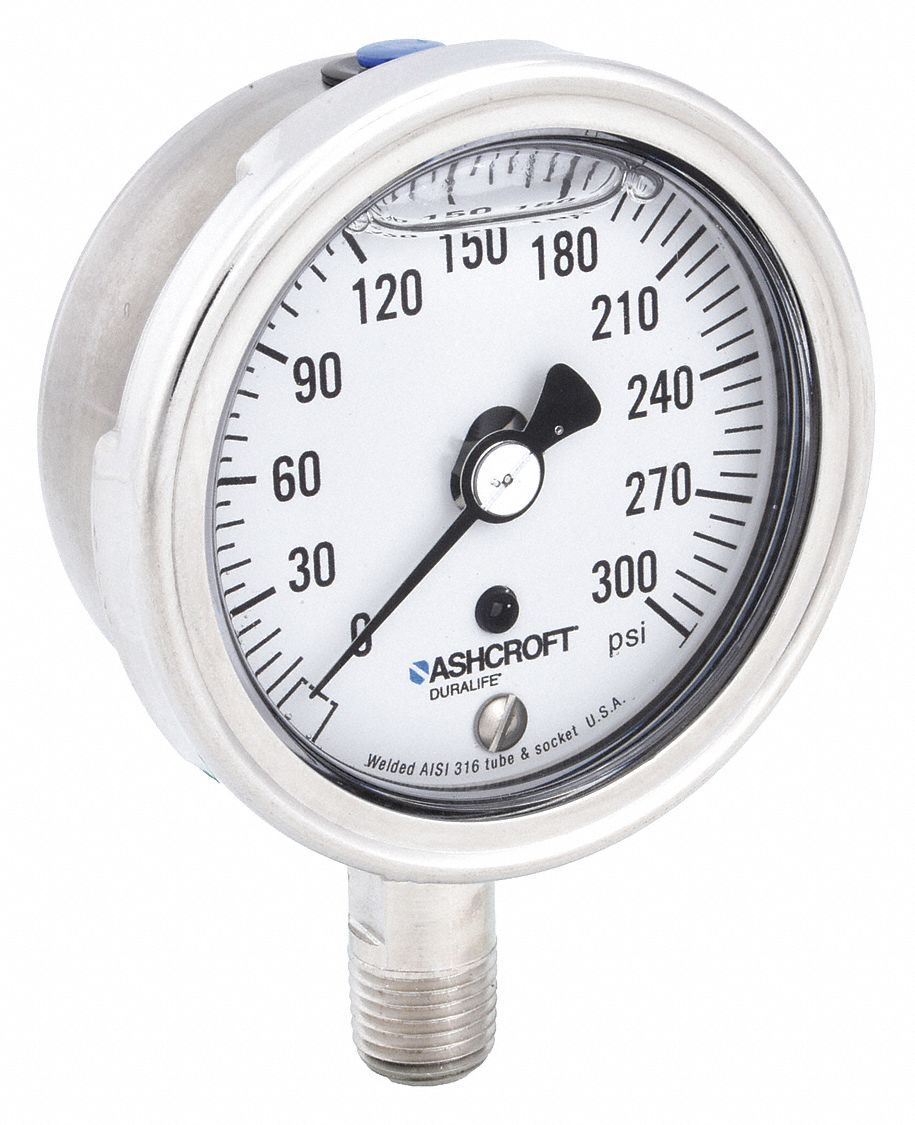 ASHCROFT, 0 psi / Hg to 300 psi, 2 1/2 in Dial, Industrial Pressure Gauge - 33HT30 ...