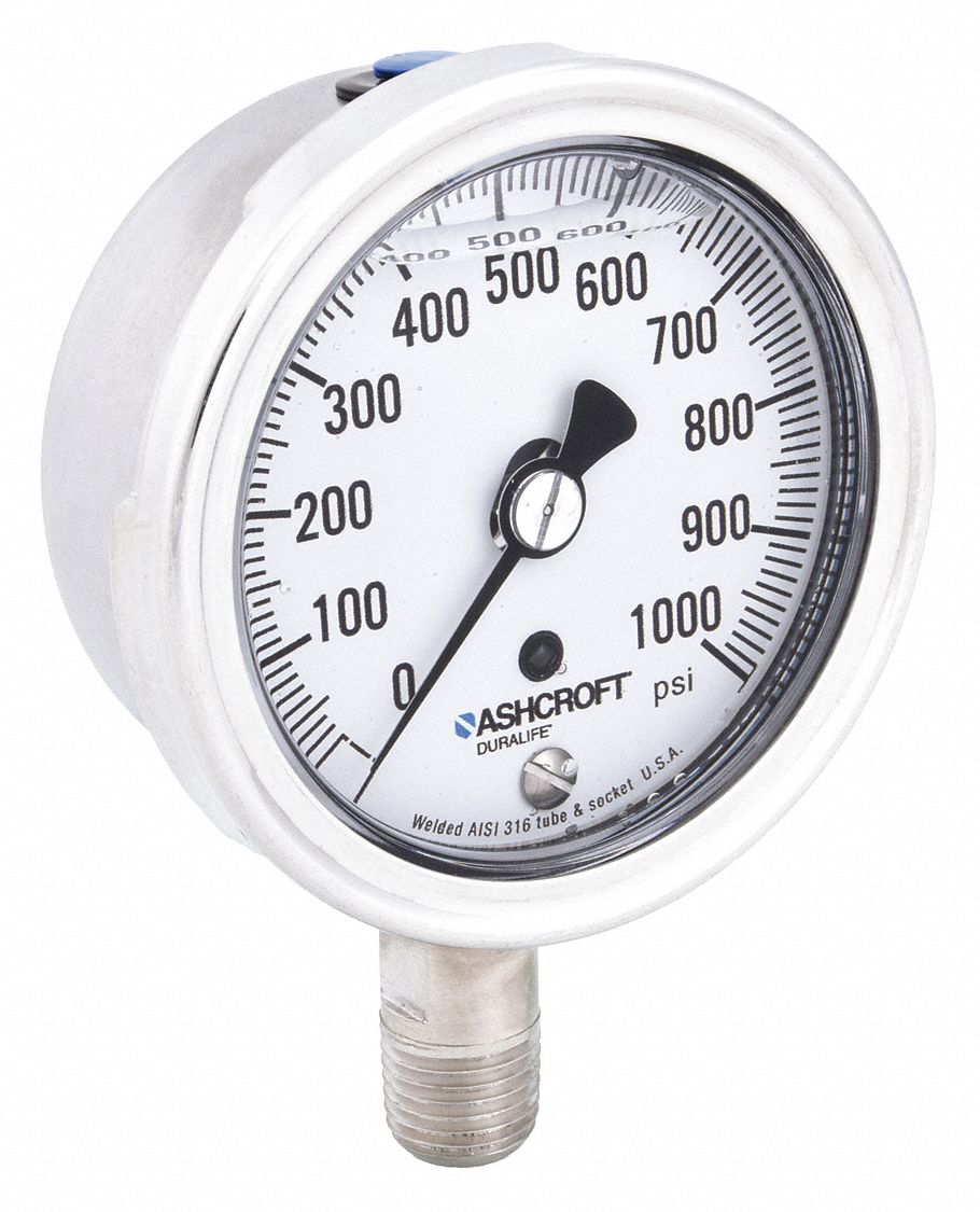 ASHCROFT, 0 psi / Hg to 1,000 psi, 2 1/2 in Dial, Industrial Pressure Gauge - 33HT33 ...