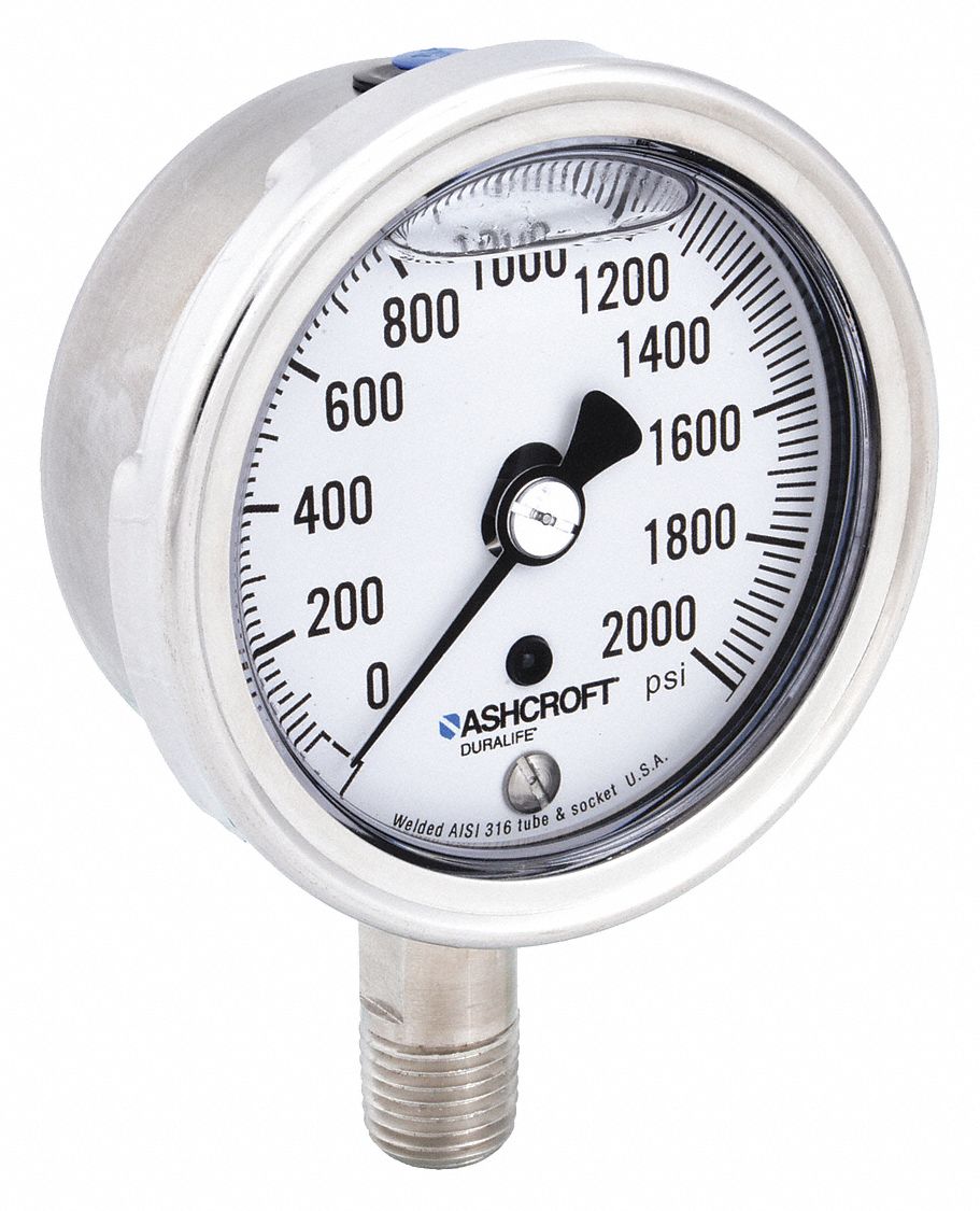 ASHCROFT, 0 psi / Hg to 2,000 psi, 2 1/2 in Dial, Industrial Pressure Gauge - 33HT35 ...