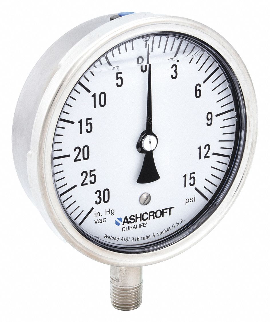 ASHCROFT, 30 in Hg to 0 psi / Hg to 15 psi, 3 1/2 in Dial, Industrial Compound Gauge - 33HT39 ...