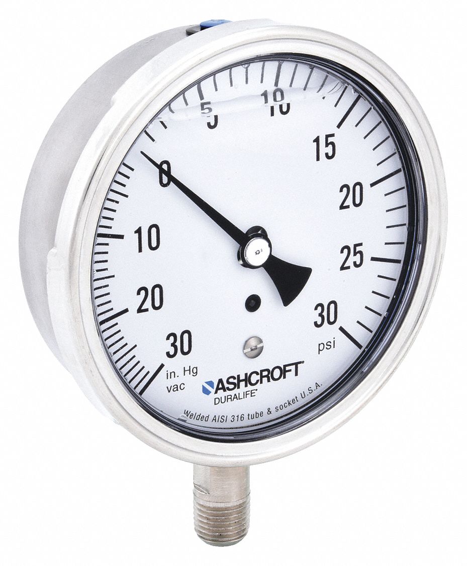 ASHCROFT, 30 in Hg to 0 psi / Hg to 30 psi, 3 1/2 in Dial, Industrial Compound Gauge - 33HT40 ...