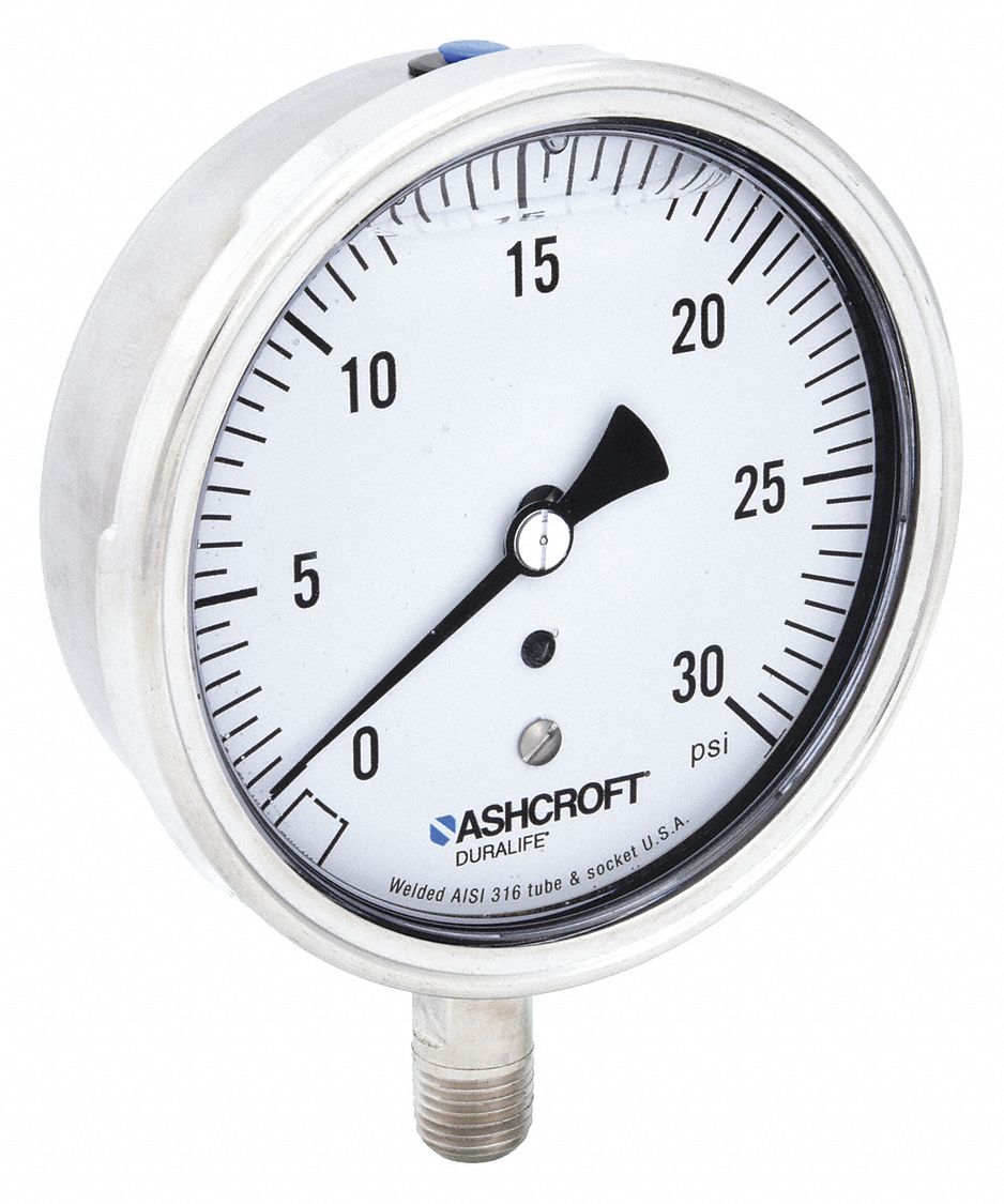 ASHCROFT, 0 psi / Hg to 30 psi, 3 1/2 in Dial, Industrial Pressure Gauge - 33HT42|351009SWL02L30 ...