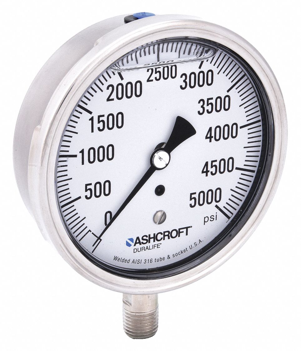 ASHCROFT, 0 psi / Hg to 5,000 psi, 3 1/2 in Dial, Industrial Pressure Gauge - 33HT53 ...