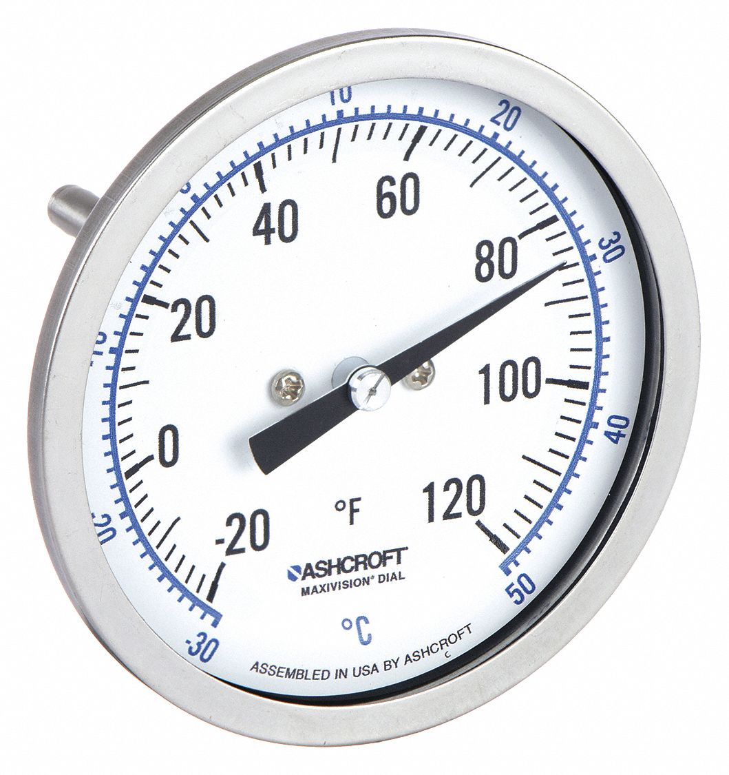 ASHCROFT, -20°F to 120°F /-30°C to 50°C, 2.5 in Stem Lg, Dial ...