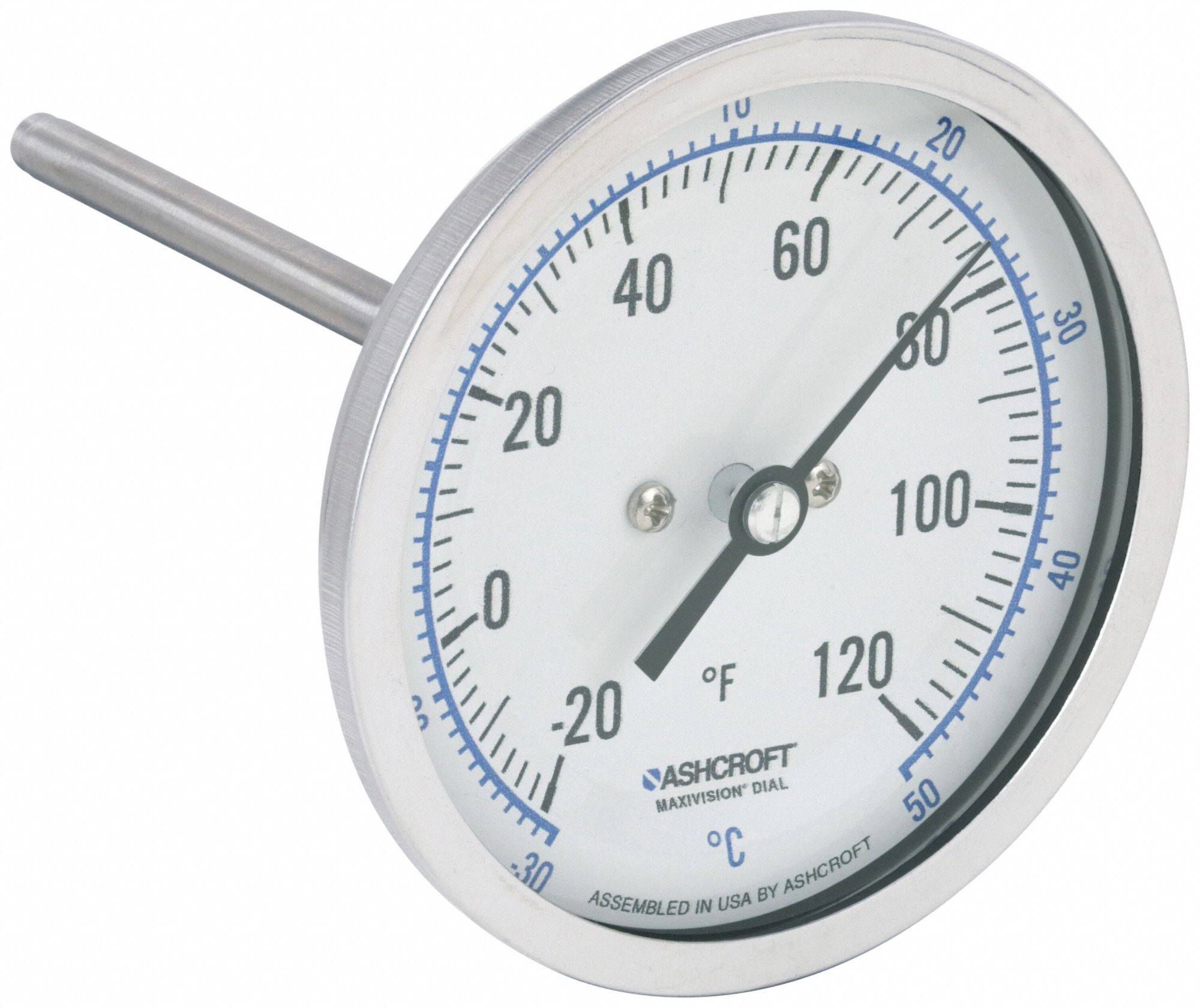 ASHCROFT, -20°F to 120°F /-30°C to 50°C, 4 in Stem Lg, Dial Thermometer ...