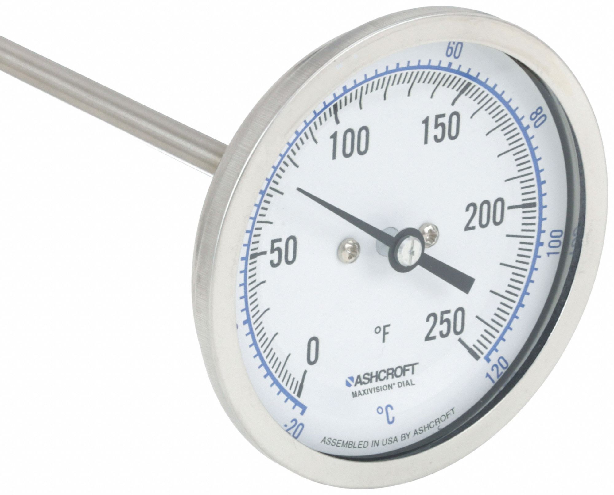 ASHCROFT, 0°F to 250°F /-20°C to 120°C, 9 in Stem Lg, Dial Thermometer ...