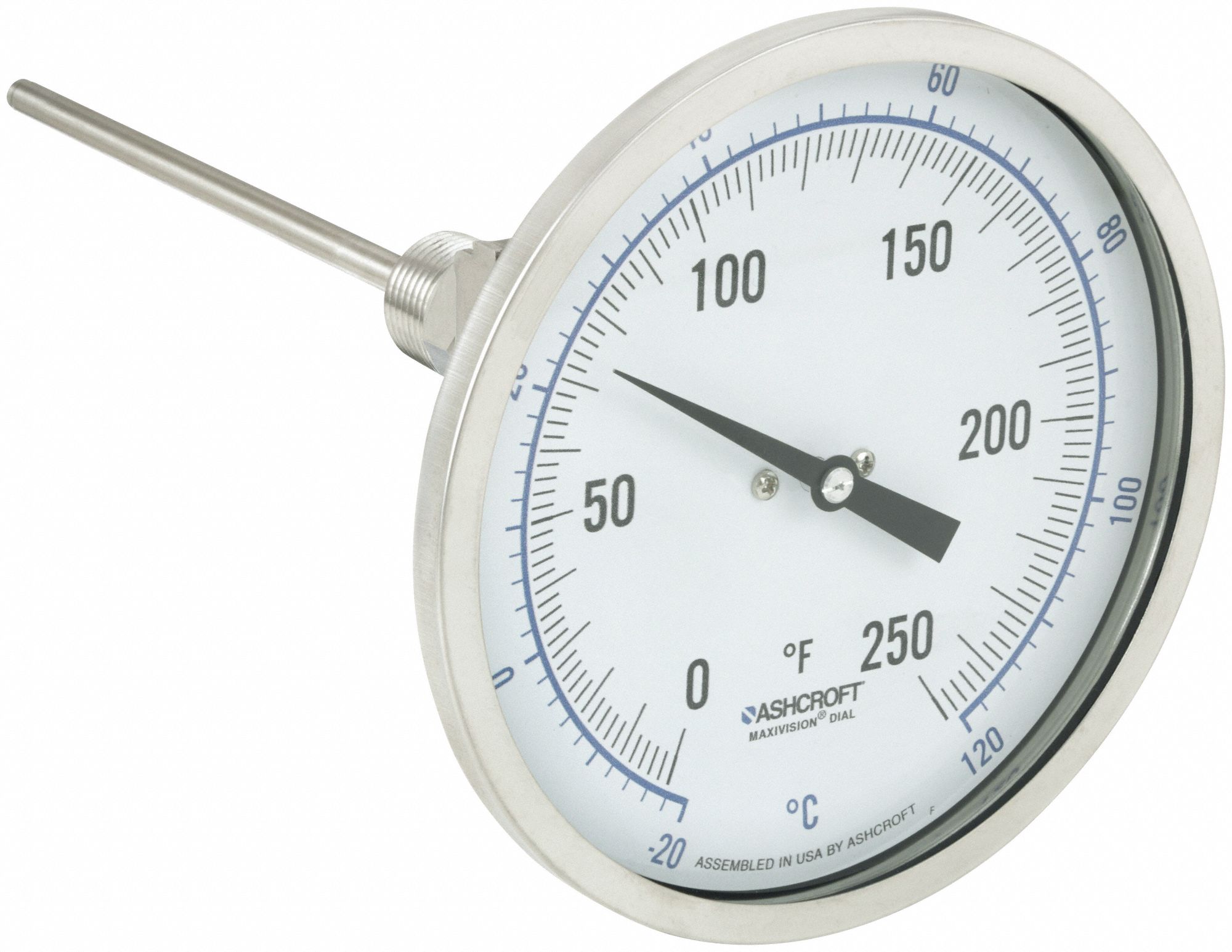ASHCROFT DIAL THERMOMETER, 6 IN STEM L, 5 IN DIAL DIAMETER, +/- 1% OF ...
