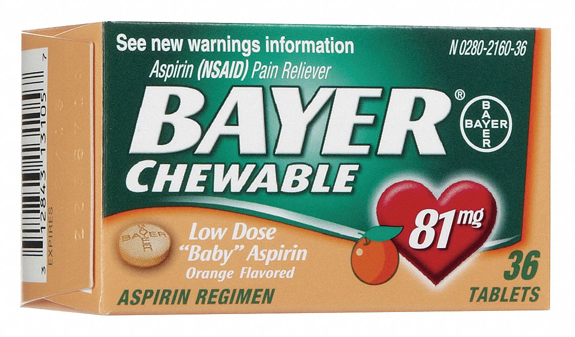 BAYER Bayer Pain Relief, Chewable Tablet, 81mg - 33JW82|20-132 - Grainger