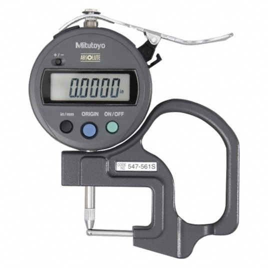 MITUTOYO Digital Thickness Gauge, Range 0 in to 1/2 in, 0 mm to 12 mm ...