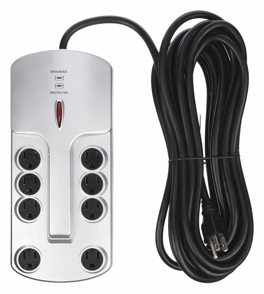 POWER FIRST Barra Multicontactos con Protección contra Sobretensiones, 25 pies, Gris, Total de ...