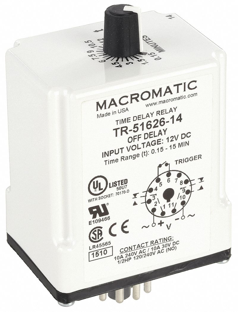 MACROMATIC, Socket Mounted, 12V DC, Single Function Time Delay Relay - 33VC24|TR-51626-14 - Grainger