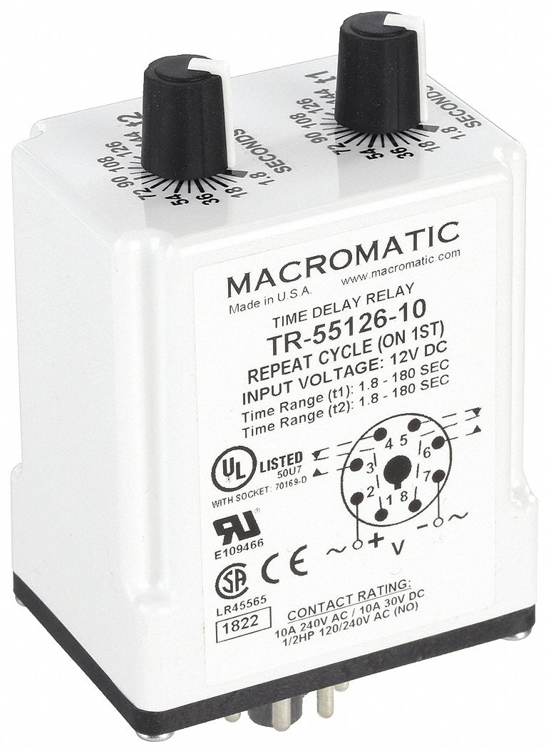 MACROMATIC, Socket Mounted, 12V DC, Single Function Time Delay Relay - 33VC32|TR-55126-10 - Grainger