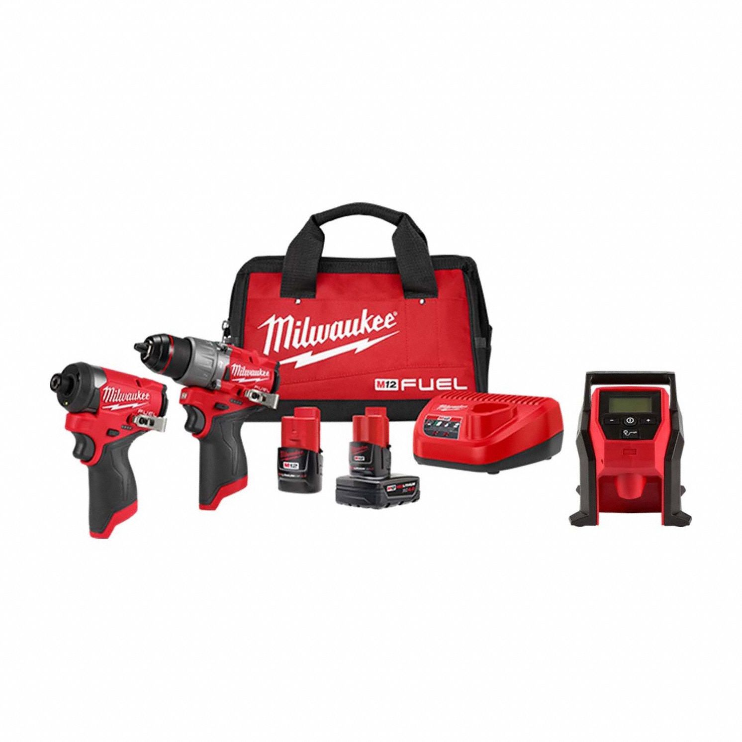 MILWAUKEE, 3 Tools, Hammer Drill/Impact Driver/Inflator, Tool Combo Kit ...